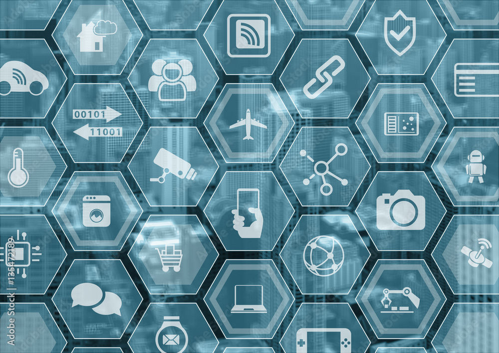 Internet of things IOT generic blue and grey background with blurred ...