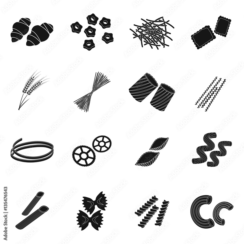 Types of pasta set icons in black style. Big collection of types of ...