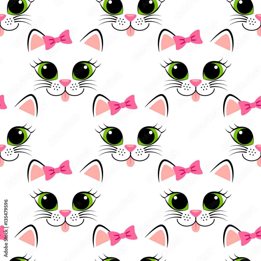 Seamless pattern with cat face. Cute white kitten with pink bow ...