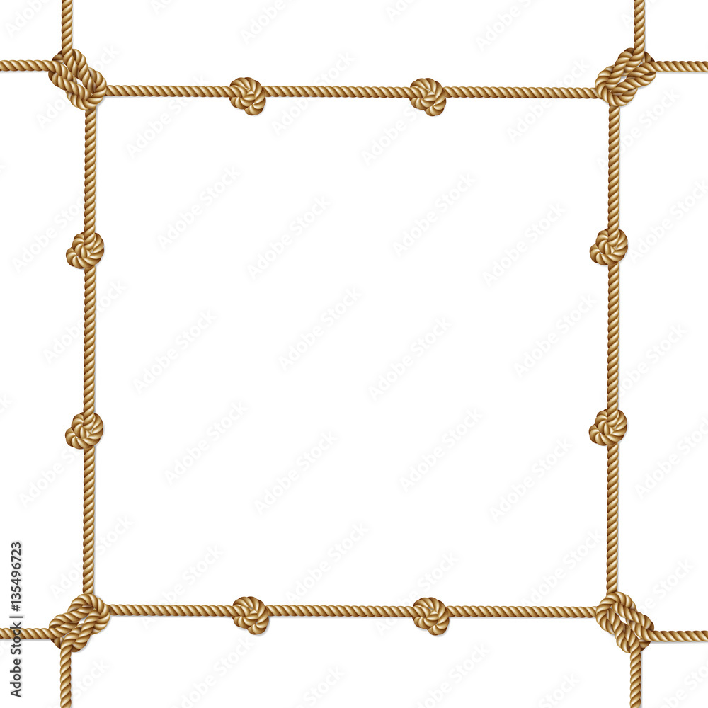 Yellow rope woven vector border with rope knots, vector frame, isolated ...