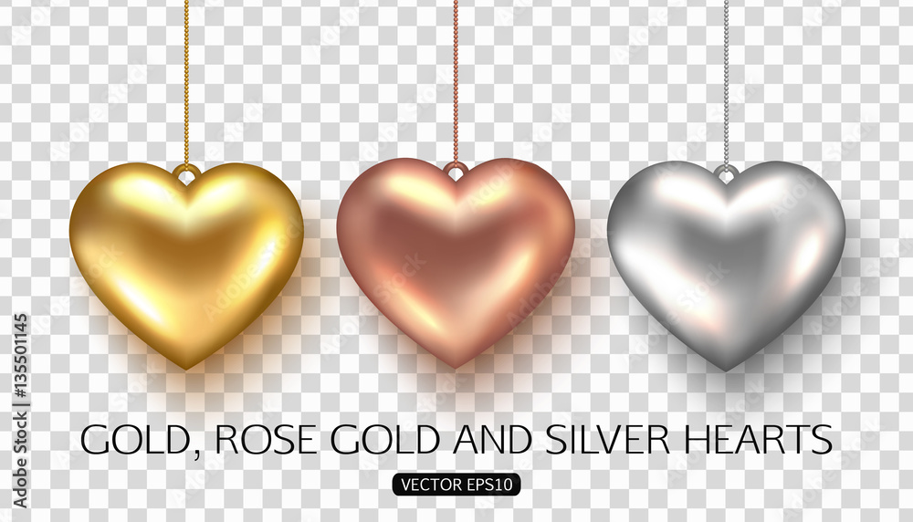 Set of rose, gold and silver heart on transparent background. Vector ...