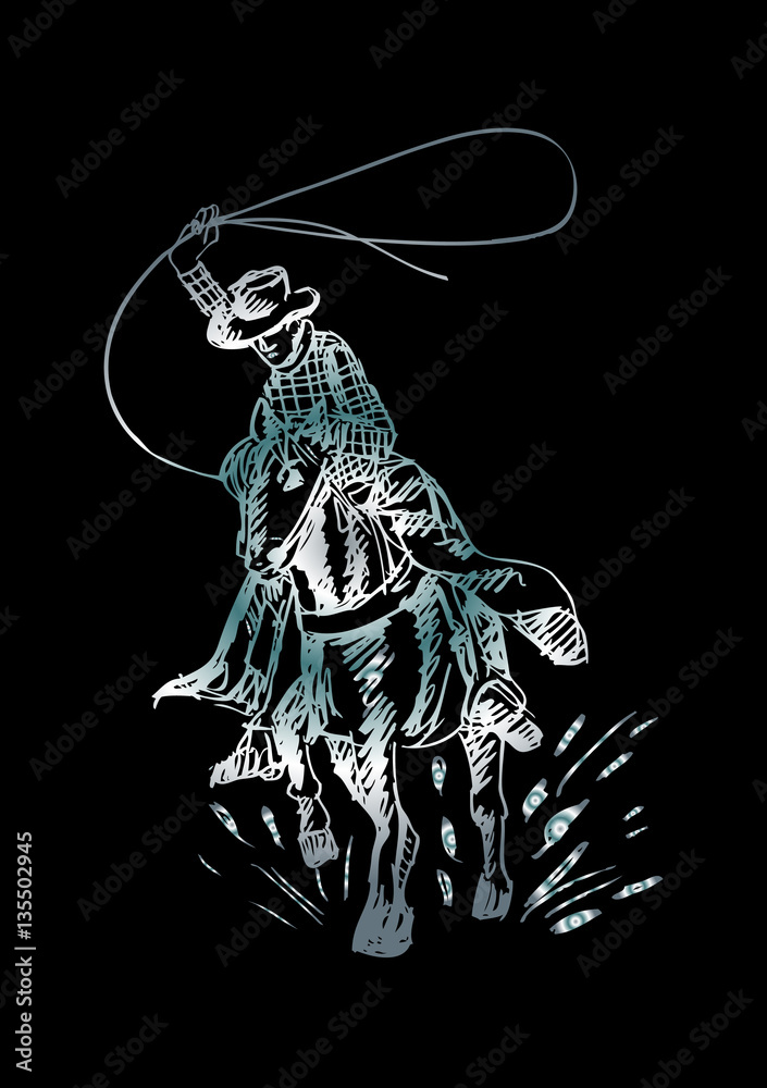 sketch of a Western Cowboy riding a wild horse Stock Illustration ...