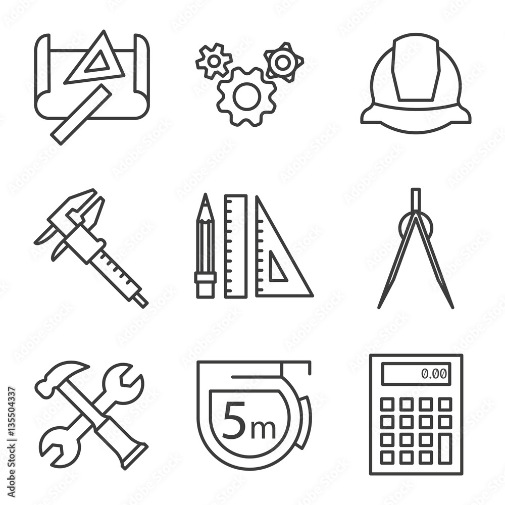 Engineering linear icons set. Drawing, gears, helmet, caliper, divider ...
