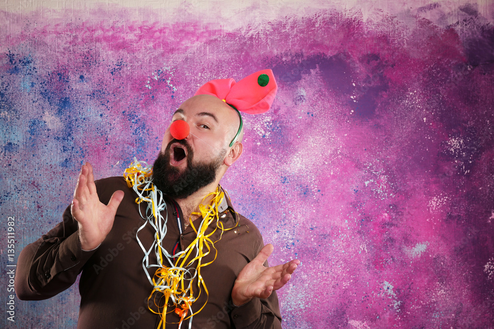 Funny fat man with party decor on color background Stock Photo | Adobe ...