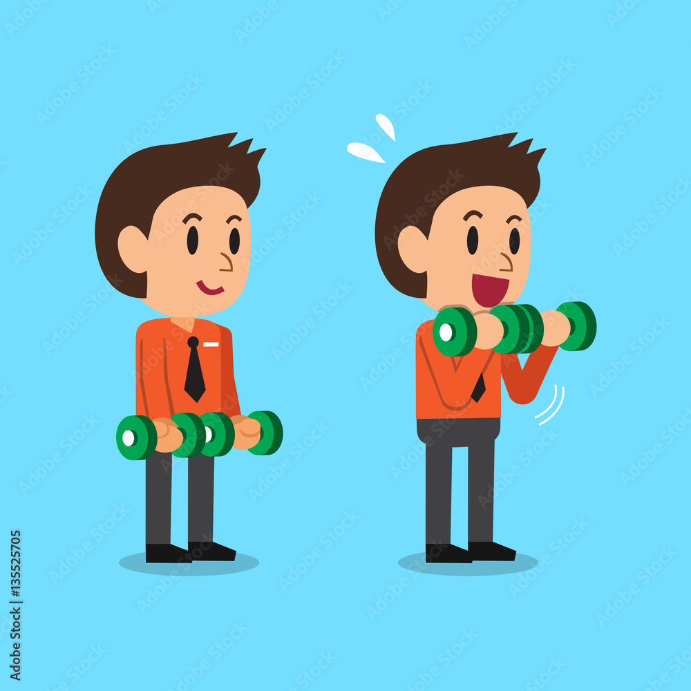 Cartoon businessman doing dumbbell bicep curls step training Stock ...