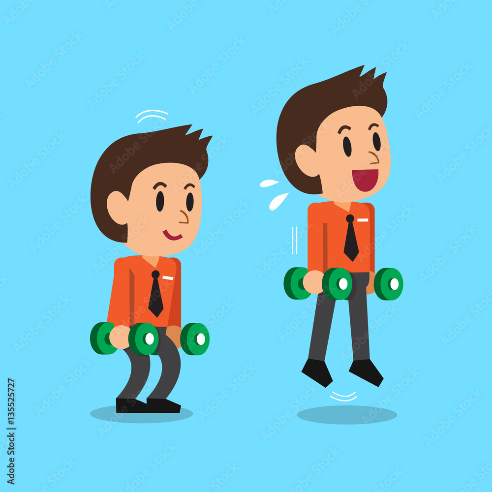 Cartoon businessman doing dumbbell calf jump exercise step training ...
