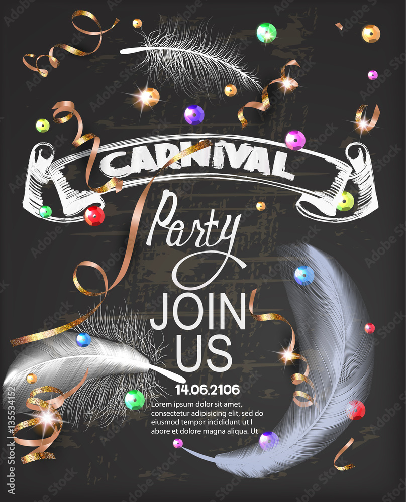 Carnival party invitation card with feathers, sequins, serpentine and ...