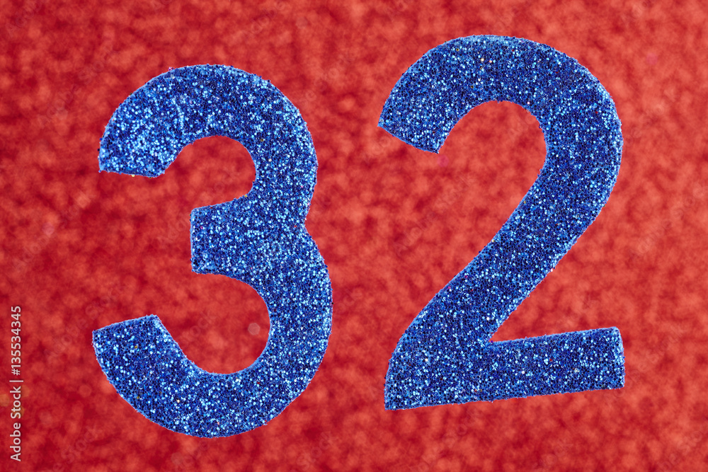 Number thirty-two blue color over a red background. Anniversary. Stock ...