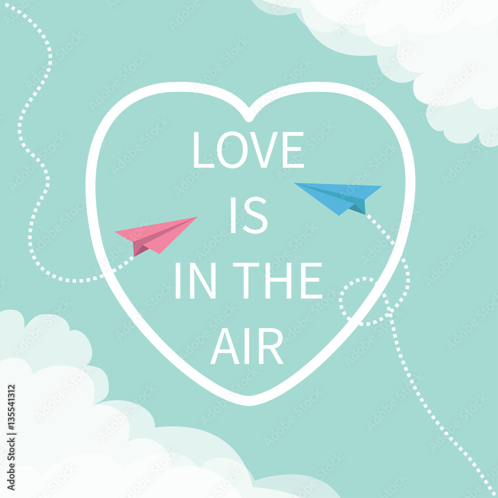 Love is in the air Lettering text. Flying origami paper plane. Dashed ...