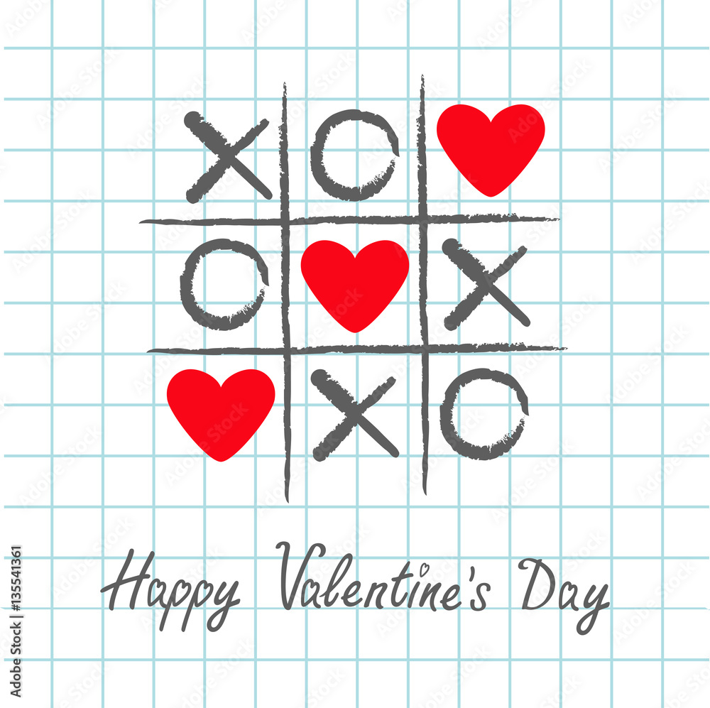 Tic tac toe game with criss cross and three red heart sign mark XOXO ...