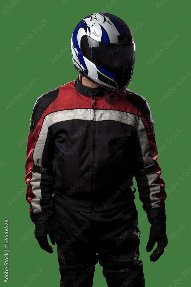 Male wearing protective leather and textile suit for racing race cars ...