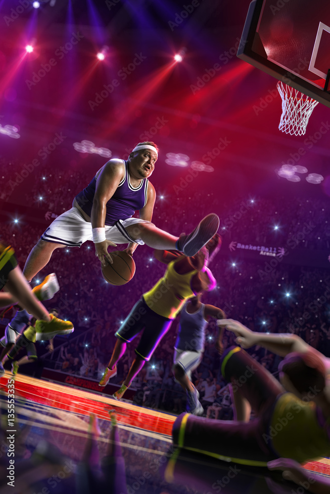 Fat Basketball non professional player in action, court and enemy 3d ...