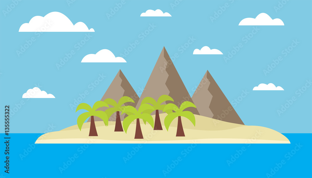 Cartoon landscape of the island with mountains, palms, the ocean, the ...