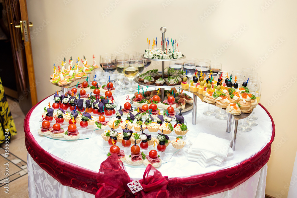catering banquet table, Canapes on restaurant table, catering, buffet ...