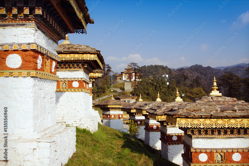 Bhutan view. Memorial at Dochula pass, VIII century, is for honour of ...
