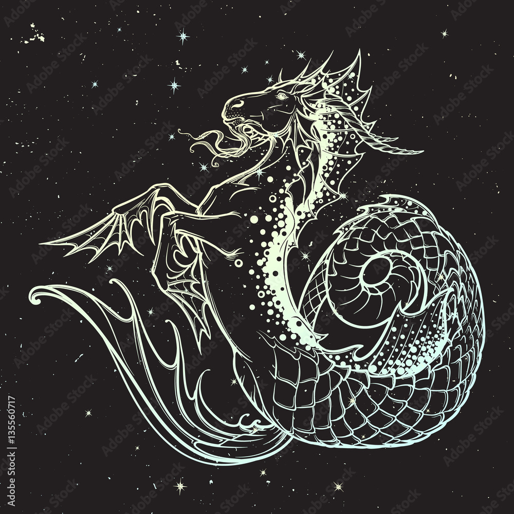 Zodiac sign Capricorn. Fantastic sea creature with body of a goat and a ...