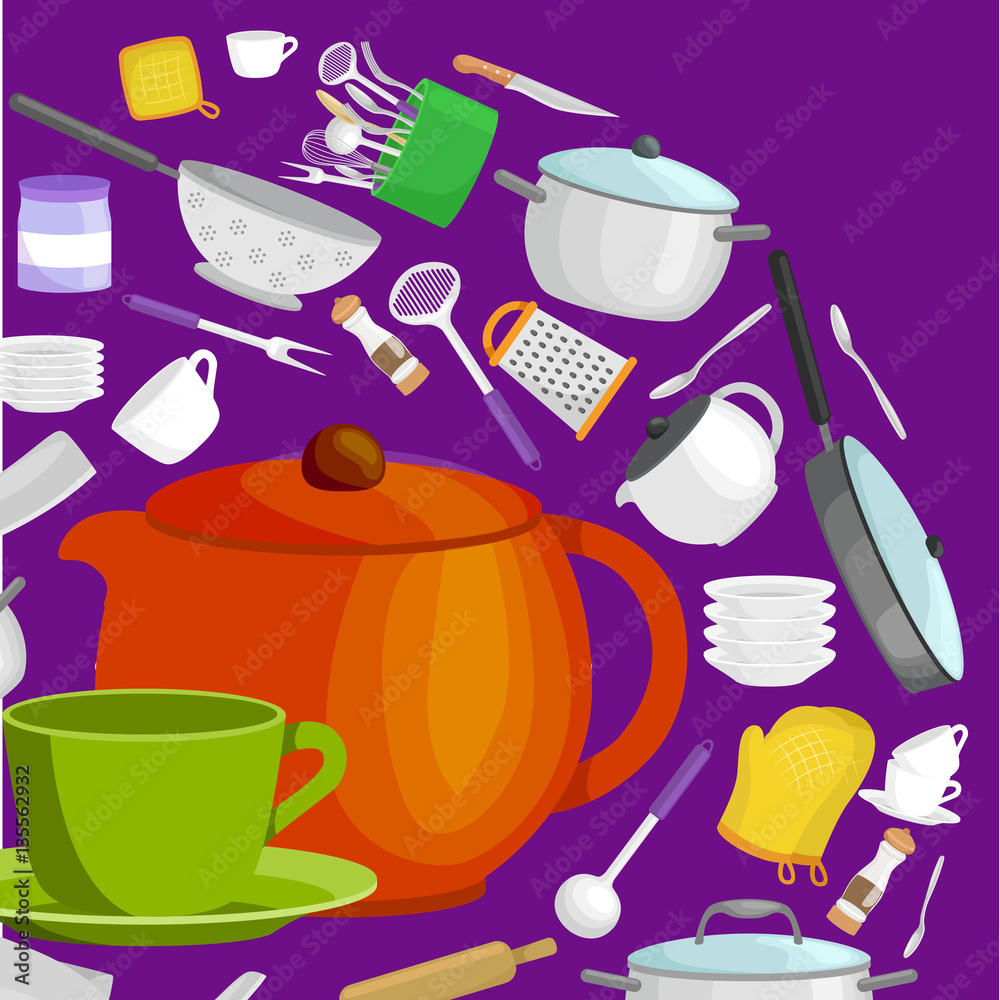 Cartoon kitchen utensil set, collection of orange teepot and green cup ...