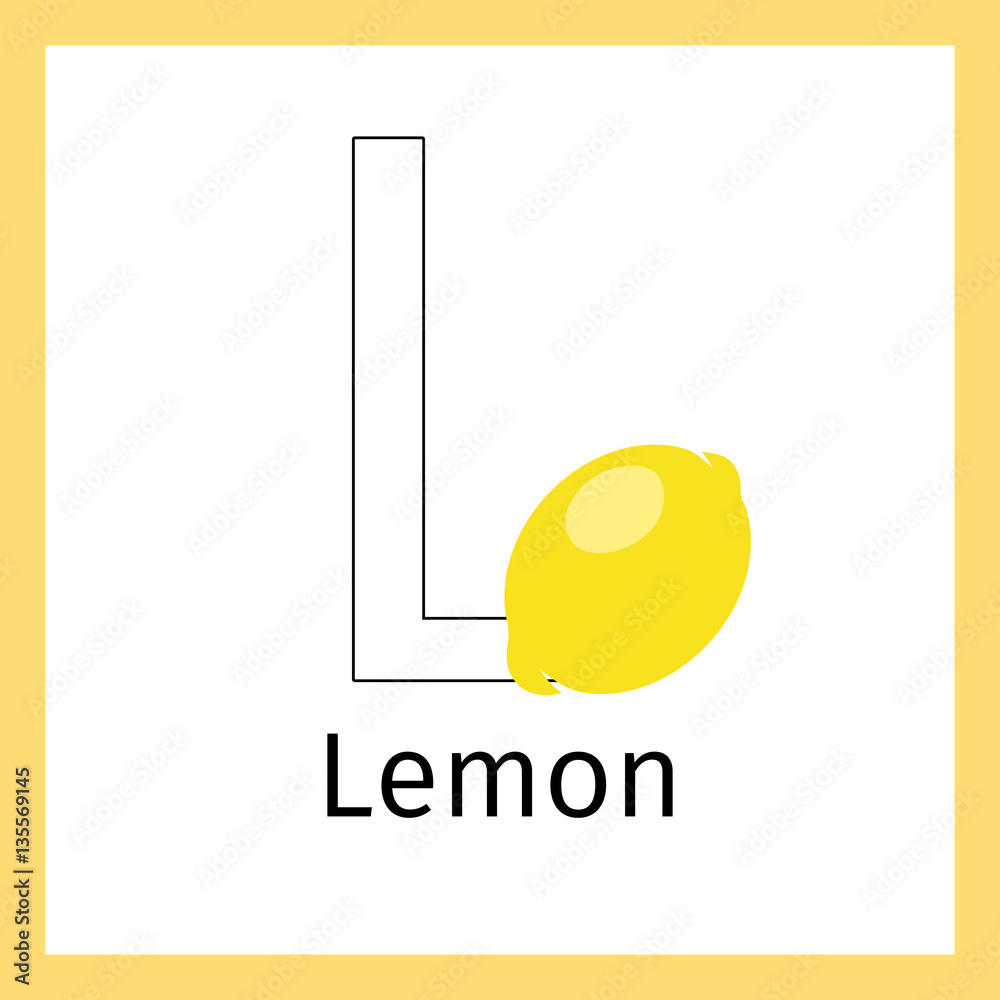Kids education card with lemon fruit and outline letter L for coloring ...