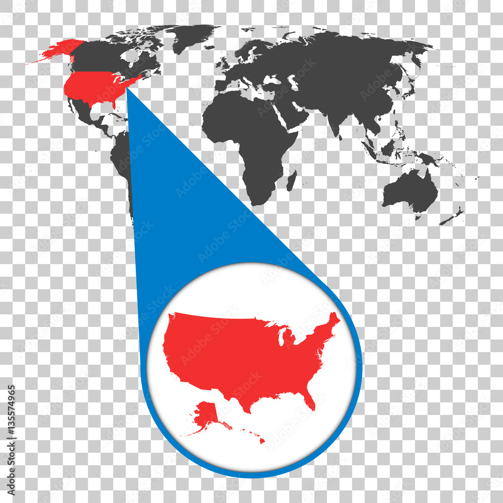 World map with zoom on USA. America map in loupe. Vector illustration ...