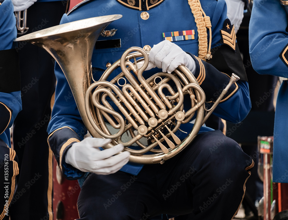 French horn / View of french horn in military orchestra. Stock Photo ...