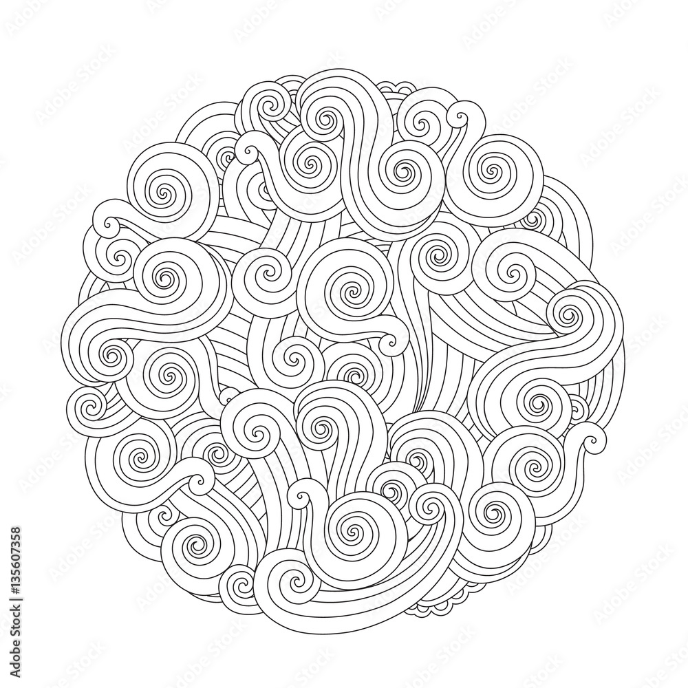 Abstract Round Sea Wave Mandala with curls, swirls, hairs isolated on ...