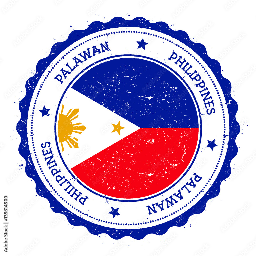 Palawan flag badge. Vintage travel stamp with circular text, stars and ...