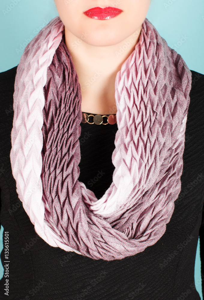 Grey wool scarf around her neck isolated on white background. Stock ...