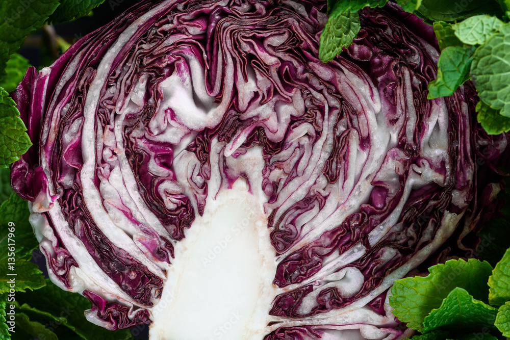 Purple cabbage cut half macro close up top view Stock Photo | Adobe Stock