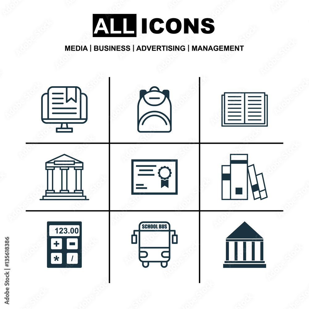 Set Of 9 School Icons. Includes Electronic Tool, Haversack, College And ...