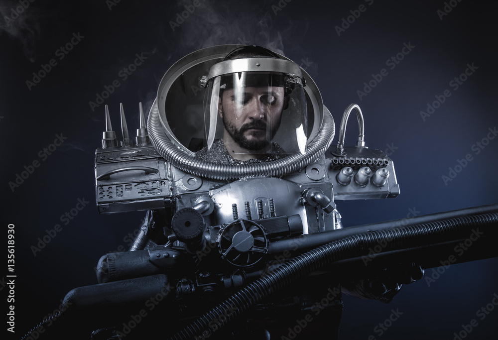 Cyborg, Space man, astronaut dressed in silver or metalized spac Stock ...