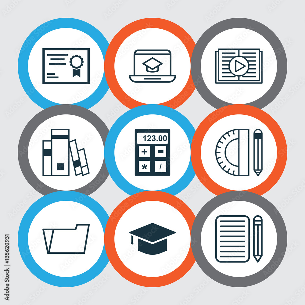 Set Of 9 Education Icons. Includes Document Case, Certificate ...