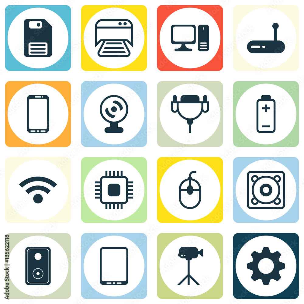 Set Of 16 Computer Hardware Icons. Includes Diskette, Printed Document ...