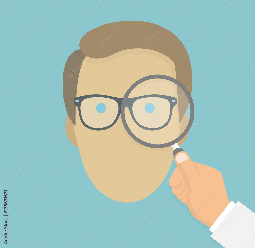 Eye inspection concept. Hand holding magnifying glass over a head with ...