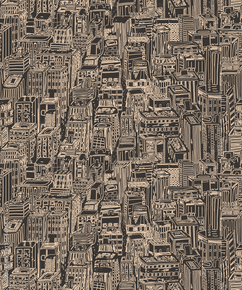 Vintage design newsprint hand drawn seamless pattern with big city ...