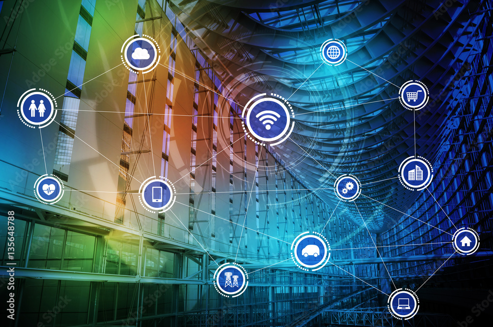 smart building and wireless communication network concept, Internet of ...
