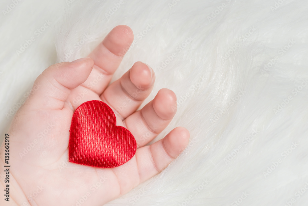 Red heart in the hand of a baby on white fur background Stock Photo ...