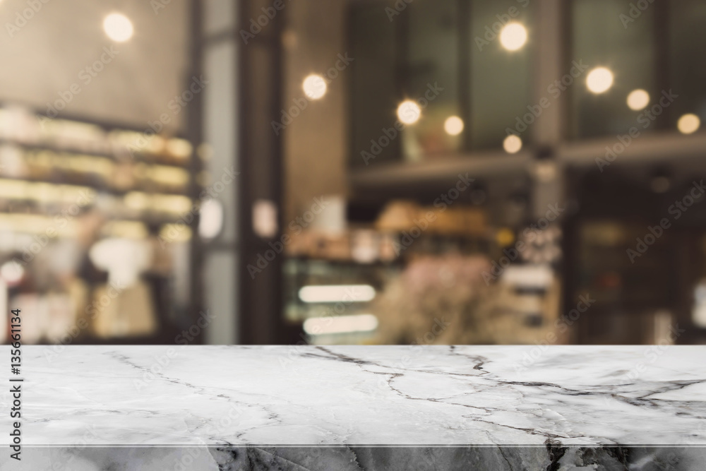 Stone table top and blurred bokeh cafe and coffee shop interior Stock ...