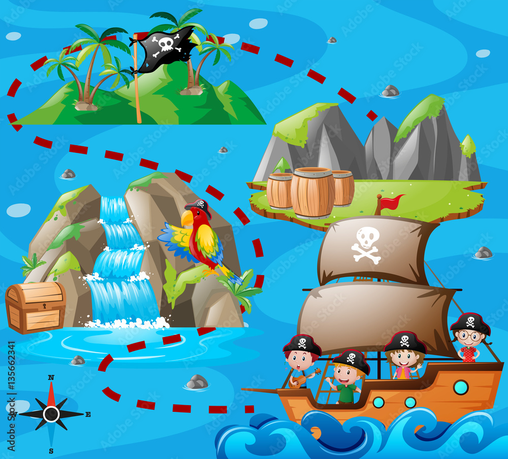 Kids on ship and adventure map Stock Vector | Adobe Stock