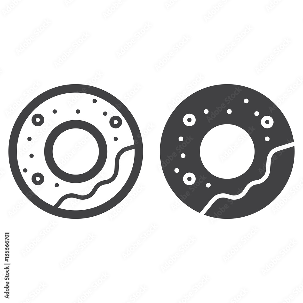 Doughnut or donut line and solid icon, outline and filled vector sign ...