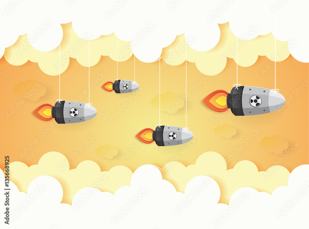 Nuclear war - atom bombs falling on the sky,paper art style Stock ...