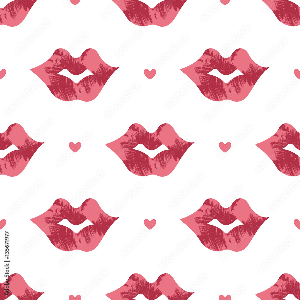 Seamless background of pink lips and hearts Stock Vector | Adobe Stock