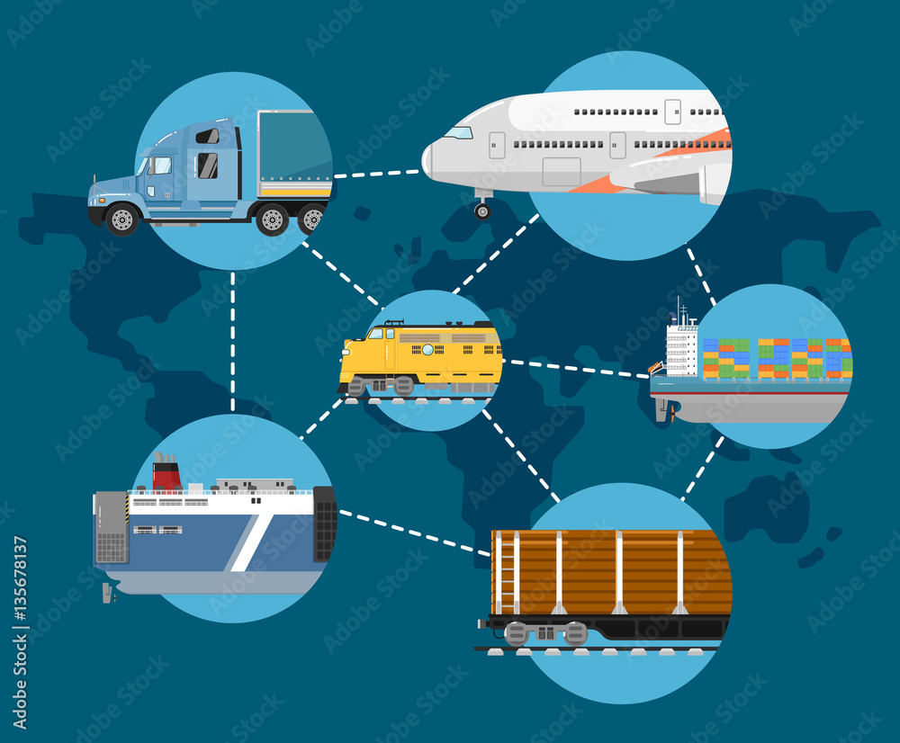 Global logistics network concept. Air cargo trucking, rail ...