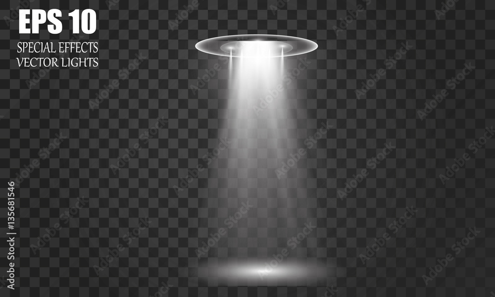 UFO light beam, aliens futuristic spacecraft isolated on transparent ...