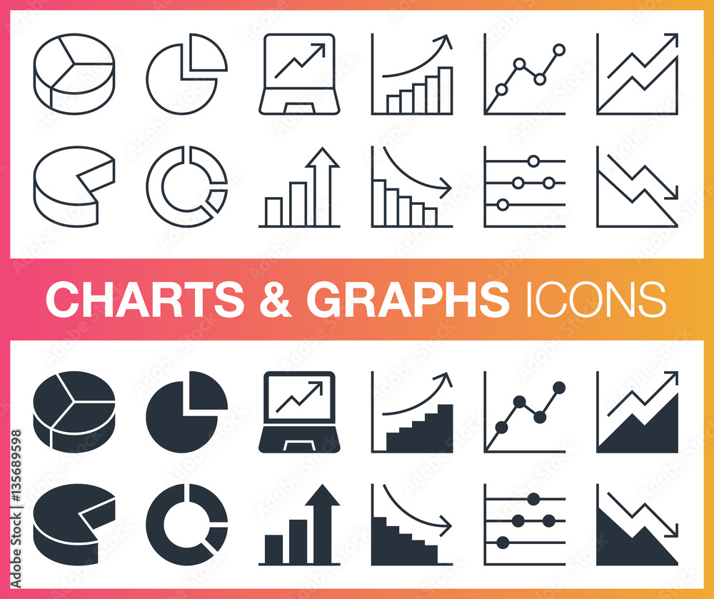 Set of pixel perfect outline and flat charts and graphs icons. Editable ...