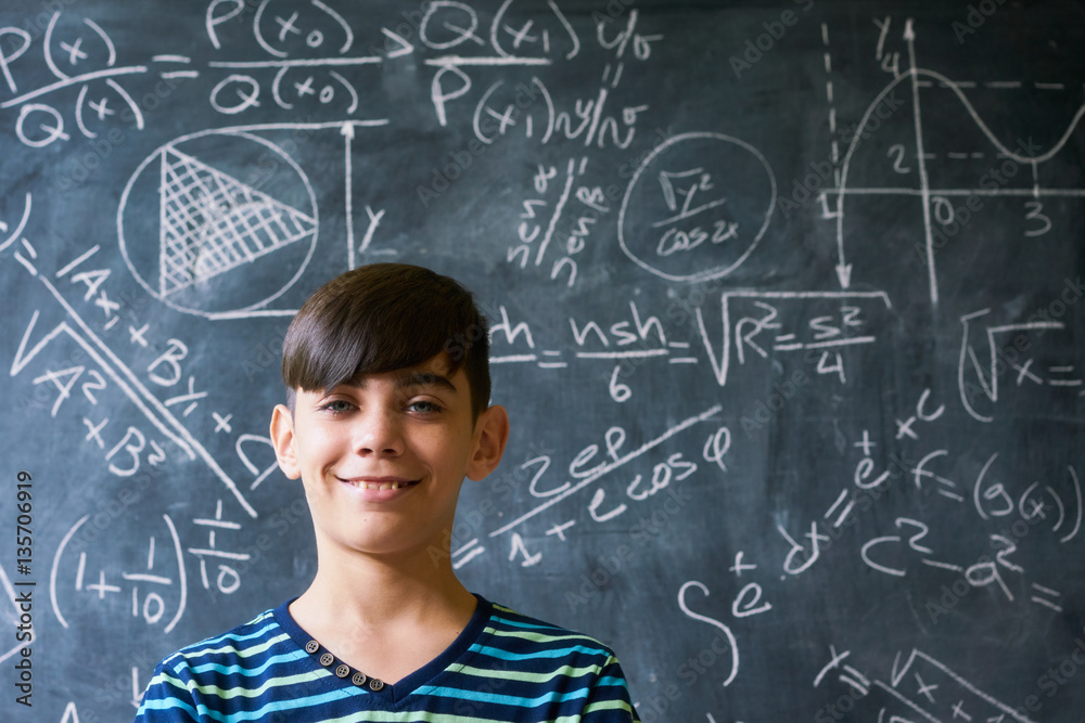 Portrait Genius Boy Smiling At Camera During Math Lesson Stock Photo ...