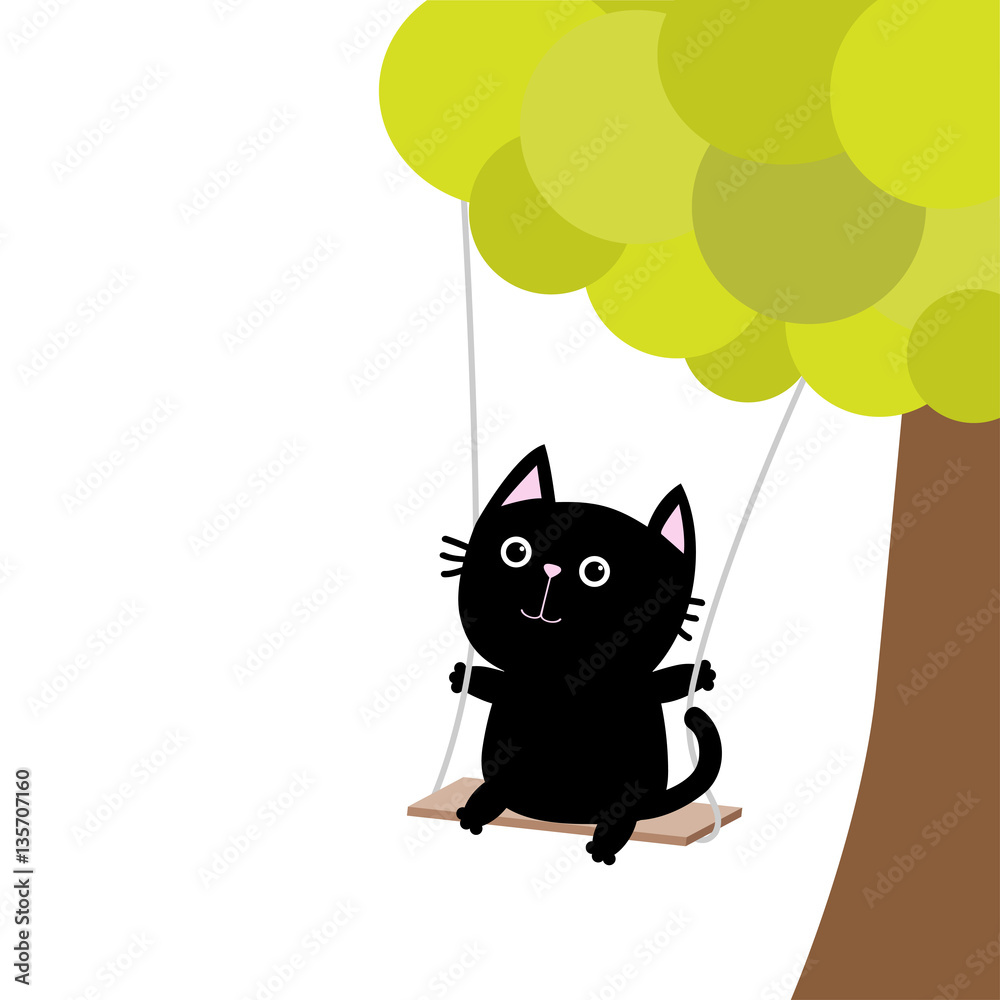 Cat ride on the swing. Green tree. Cute fat cartoon character. Kawaii ...