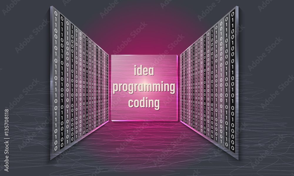 Set of three glass panels with binary code and the words idea, p Stock ...