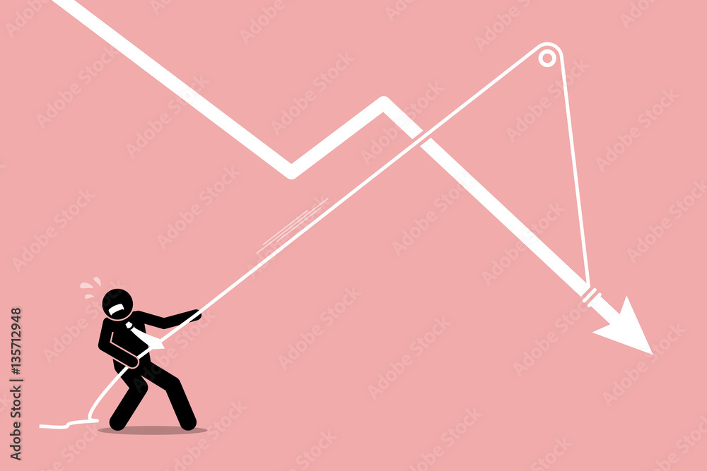 Businessman pulling a falling arrow graph chart from further dropping ...