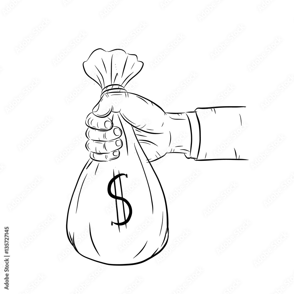 Money bag vector on white background.Money bag sketch by hand drawing ...