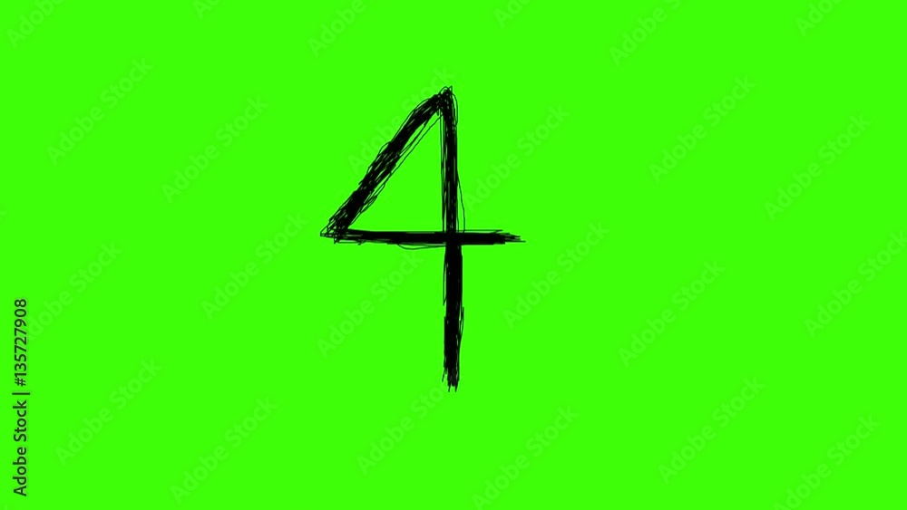 Handwritten number 4 four on pure green screen. Doodle style animation ...
